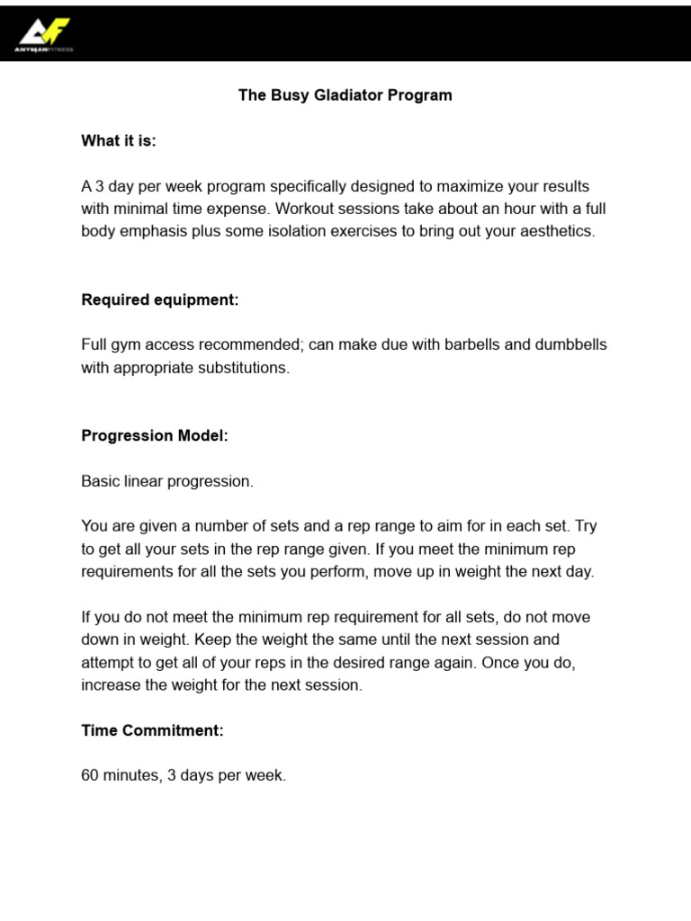 The Busy Gladiator Program | PDF | Dieting | Strength Training