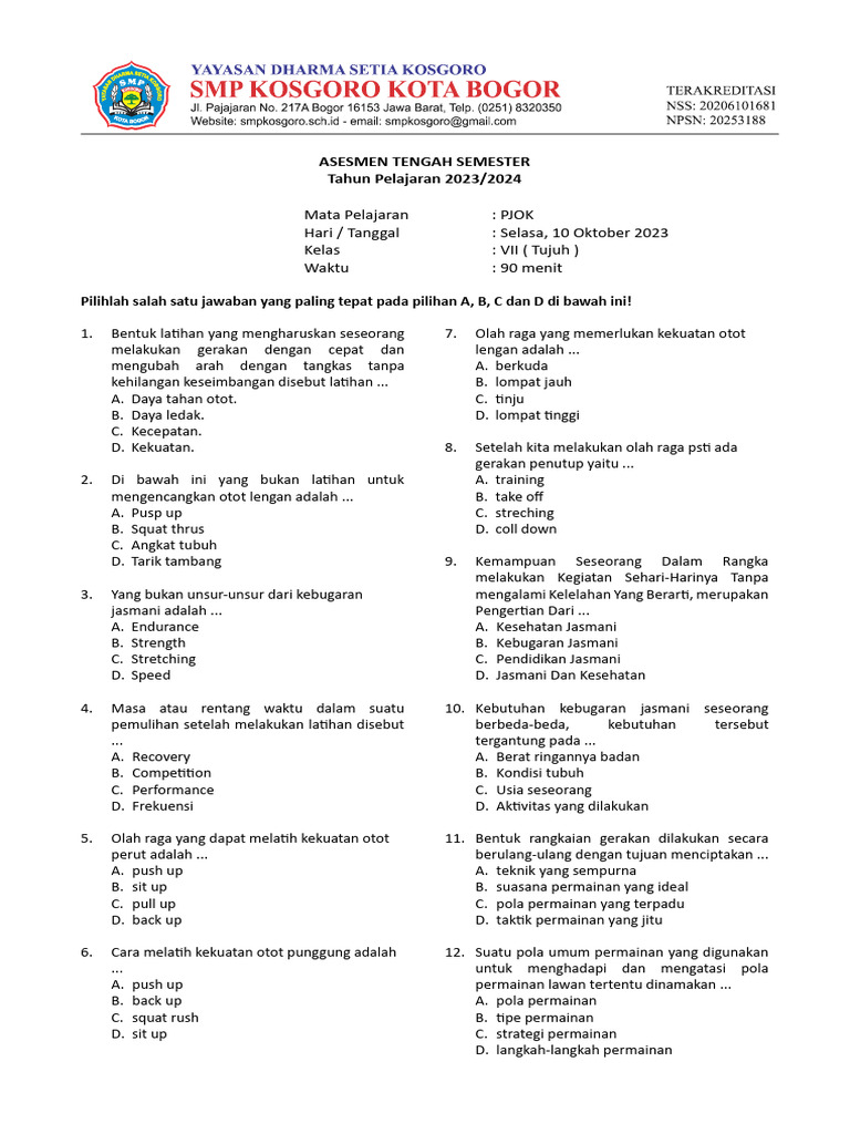 SOAL STS PJOK Kelas 7 Semester 1 TA 2023-2024 F4 RAPIH | PDF