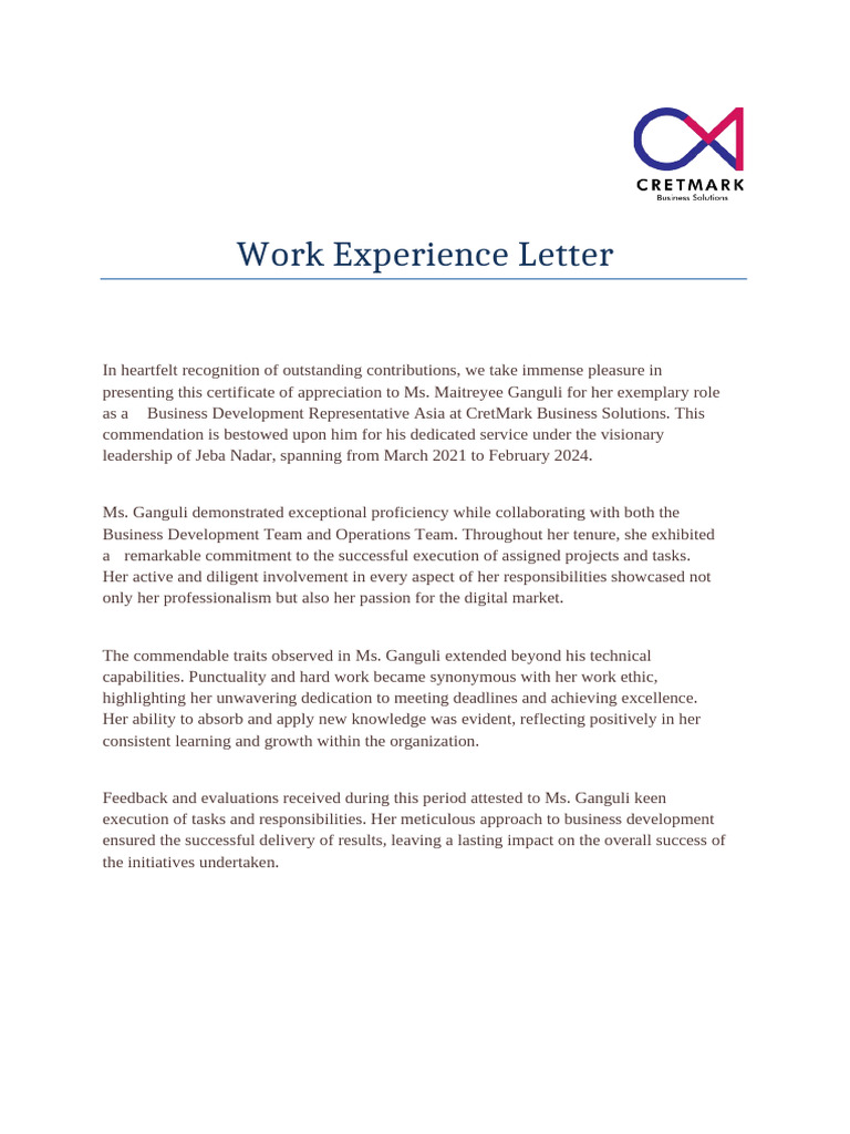 Company Work Experience Letter | PDF