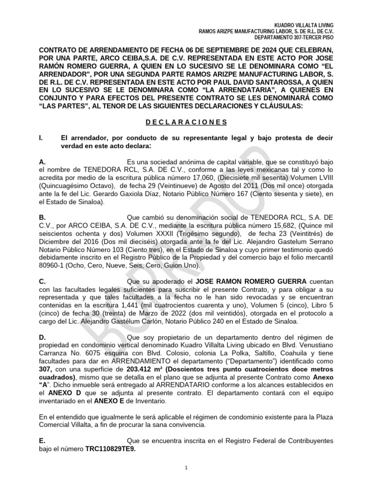 ARREND-PVI-DEPARTAMENTO 307-RAMOS ARIZPE-BORRADOR-CONTROL DE CAMBIOS-28 ago 2024 | PDF ...