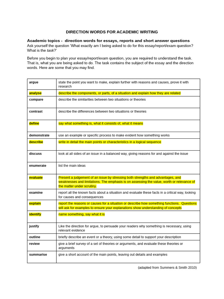 Direction Words For Academic Writing Tasks | PDF | Theory | Essays