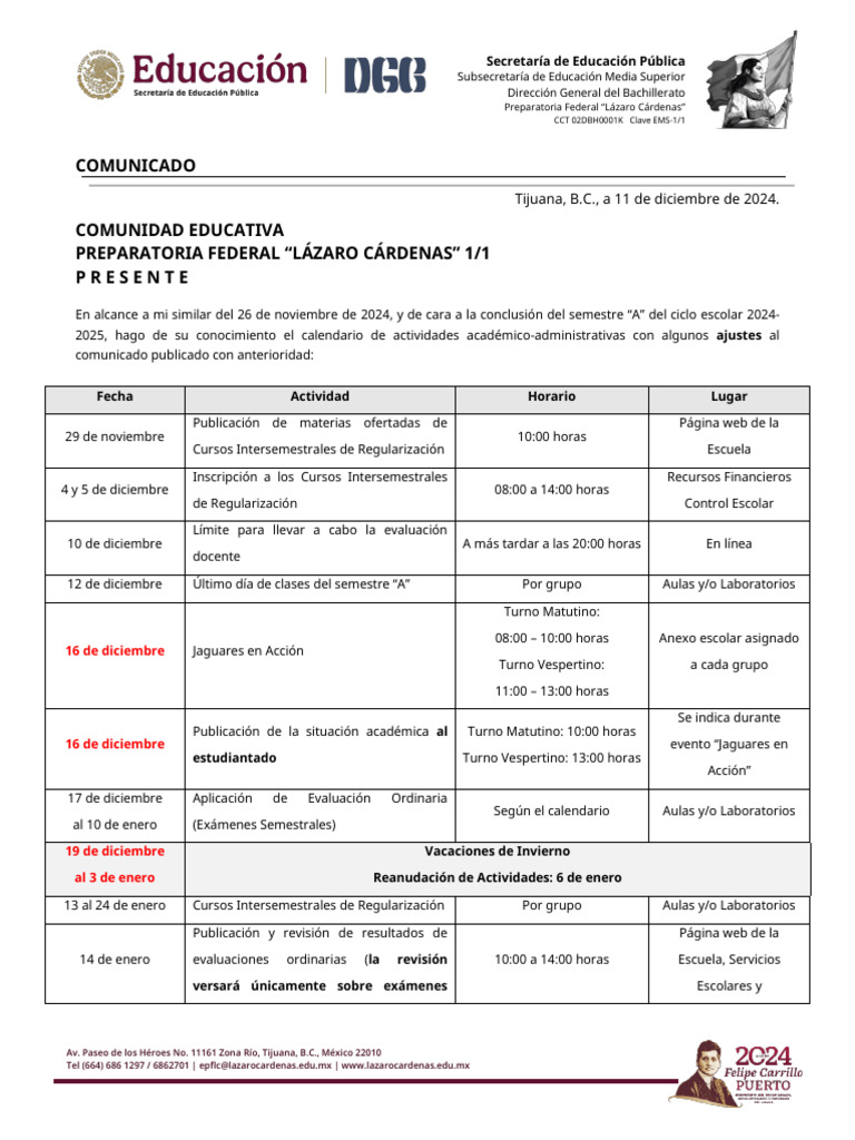 Comunicado PFLC - 241211 | PDF | Evaluación | Escuelas