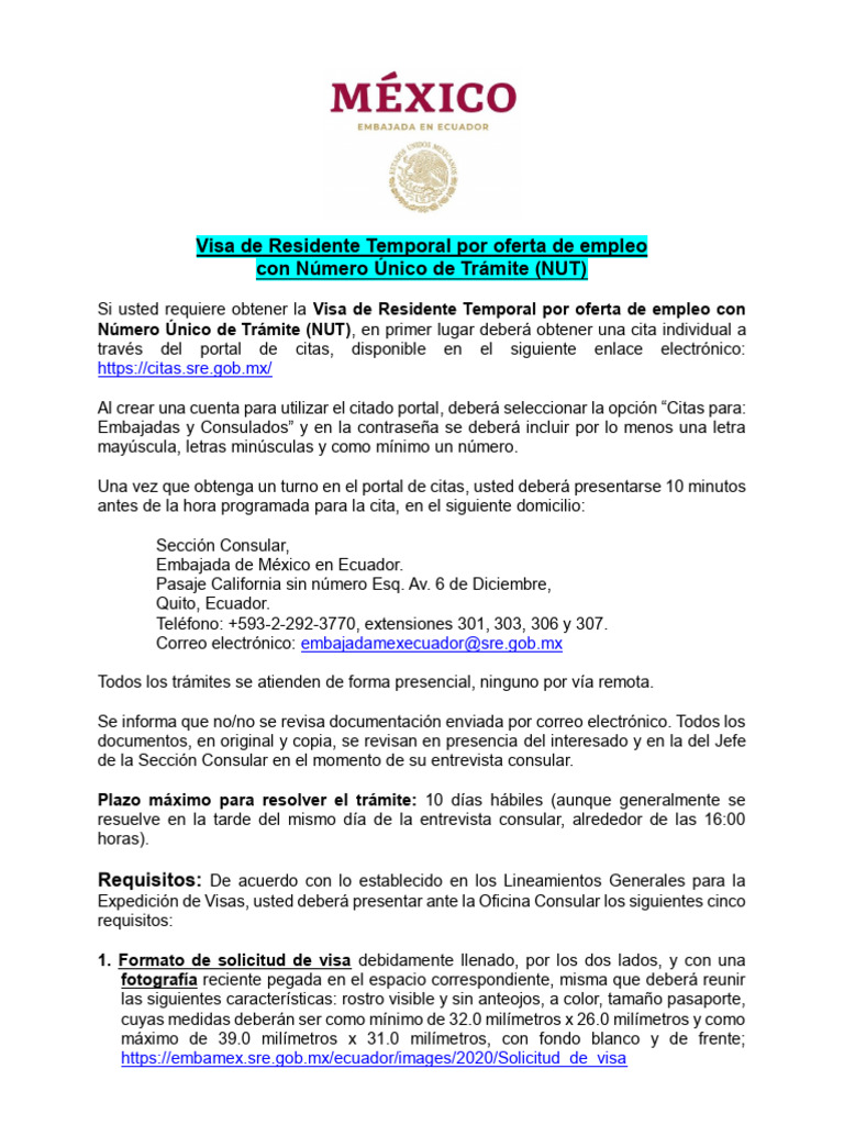 Visa Residente Temporal México NUT | PDF | Visa de viaje | Documento de identidad