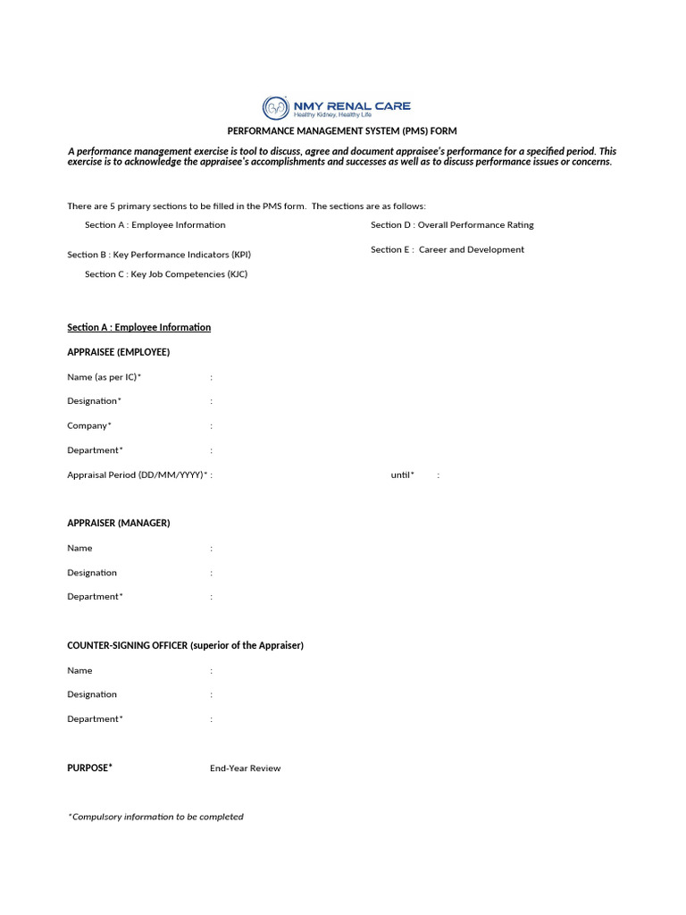Performance Management System (PMS) Form: Compulsory Information To Be ...