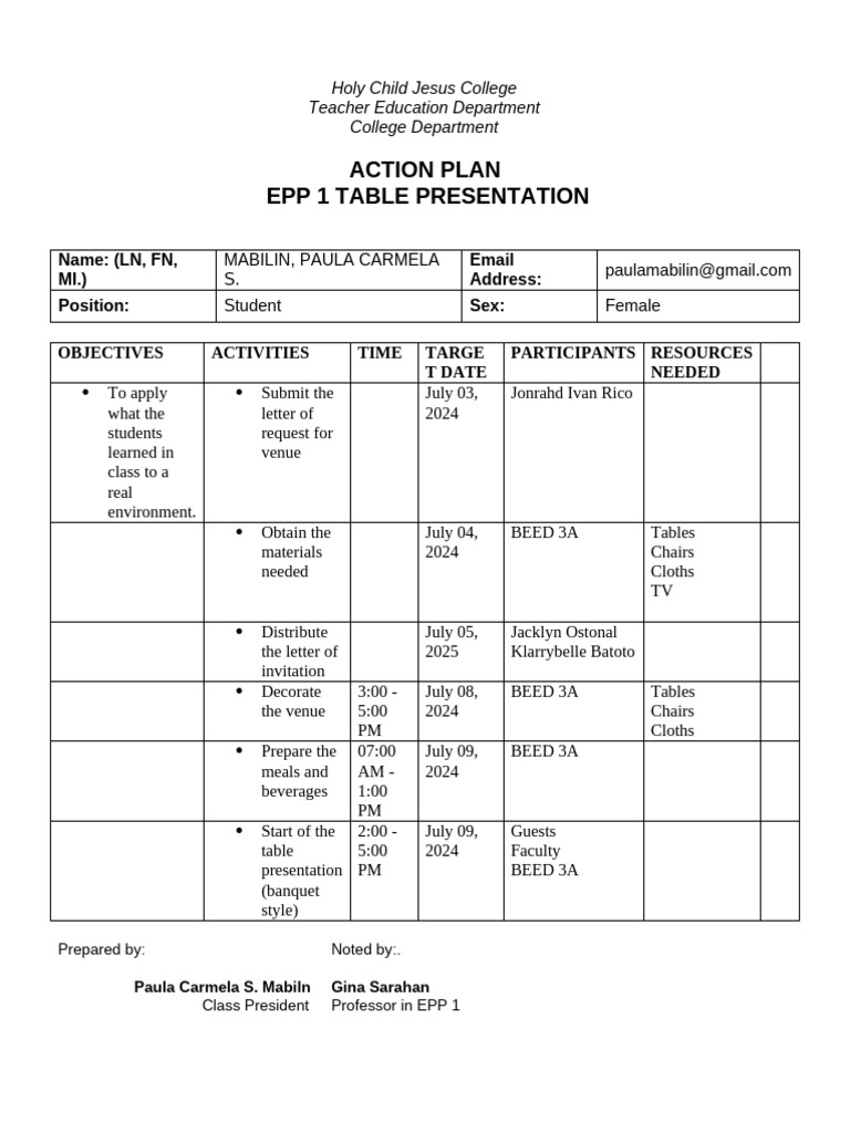 ACTION PLAN EPP 1 | PDF