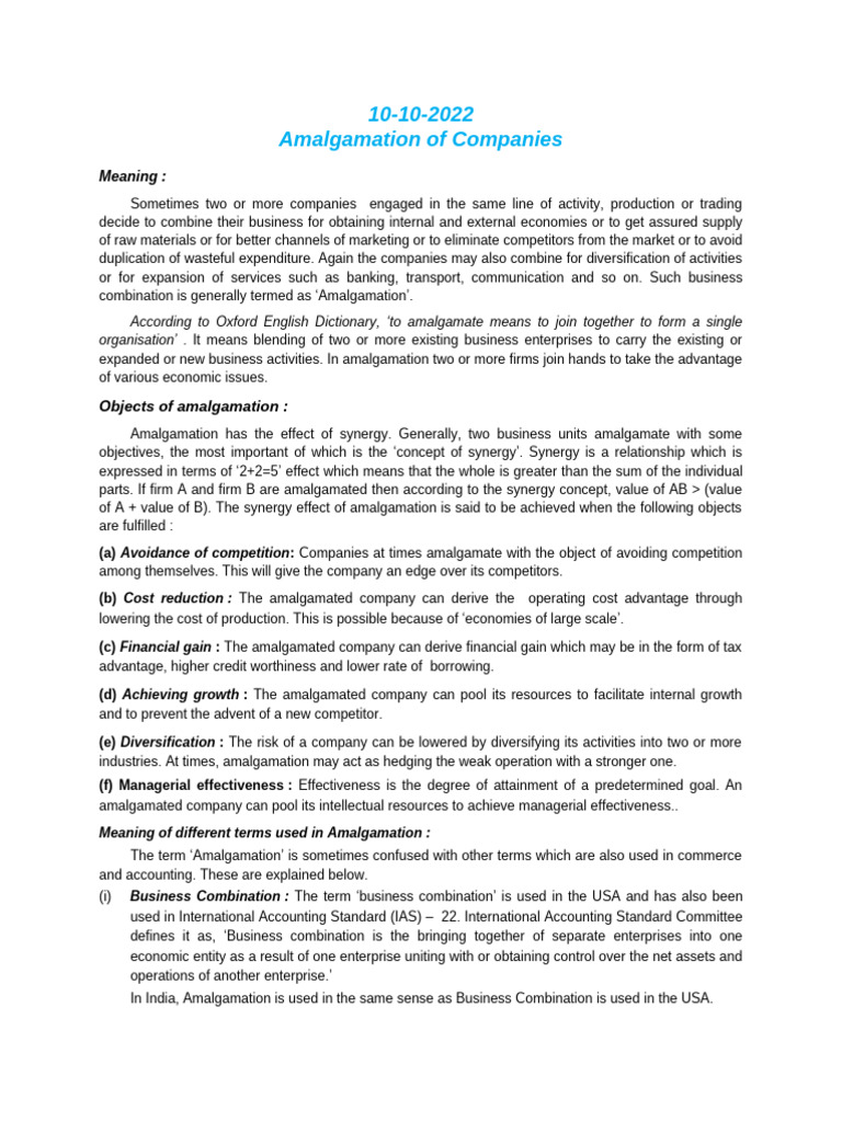 Amalgamation of Companies | PDF | Equity (Finance) | Consolidation ...