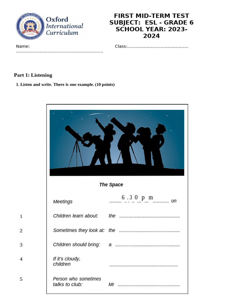 Grade 6 Mid-Term Test | PDF