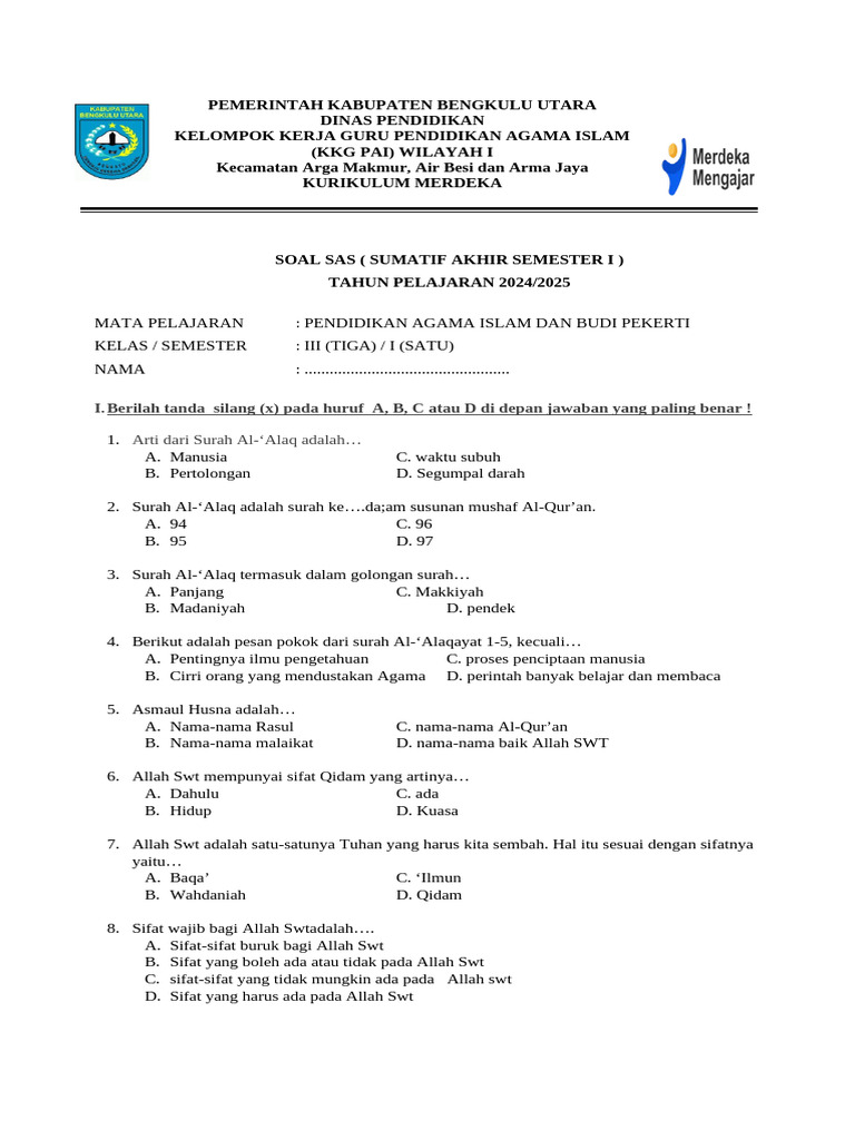 Soal Sas Ganjil KLS Iii Kurmer 20242025 | PDF