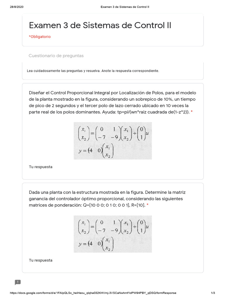Examen 3 de Sistemas de Control II | PDF | Matriz (Matemáticas ...