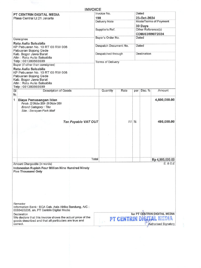 Invoice No. 198, Oktober 2024 An. Ratu Aulia Salsabila - PDF - 20241023 - 214936 - 0000 | PDF