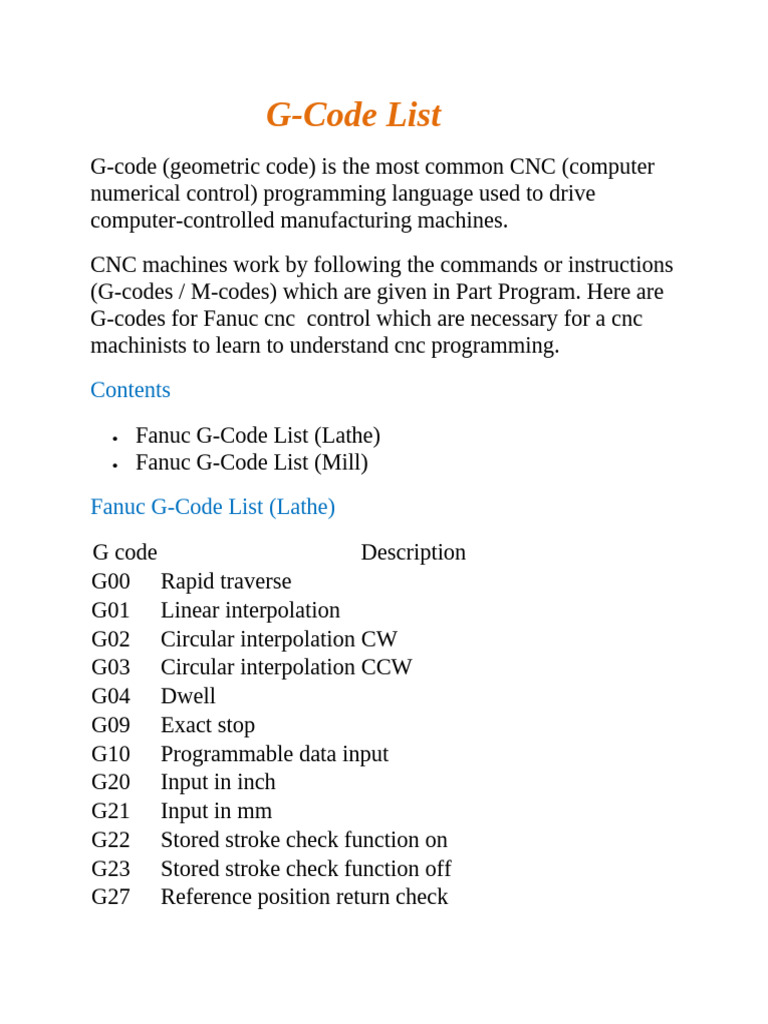 Fanuc G-Code Reference Guide | PDF | Numerical Control | Metalworking