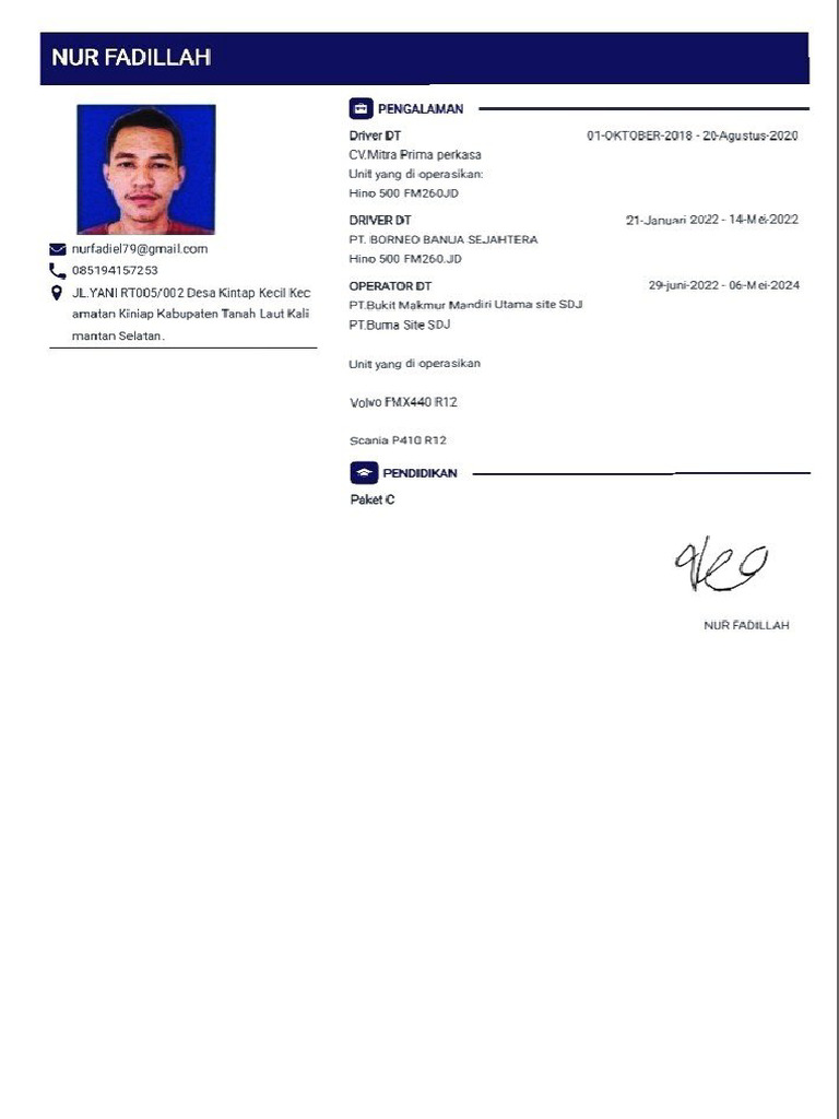 CV - Nur Fadillah Untuk Driver DT - PT Darma Henwa Site KCP | PDF