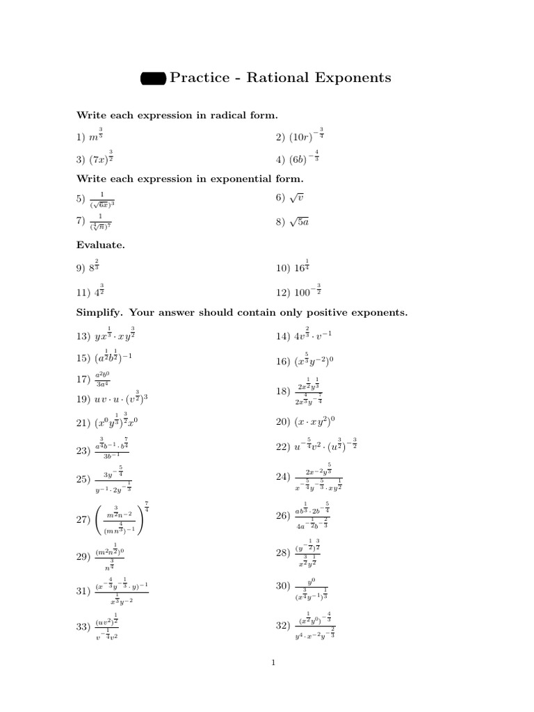 Rational Exponents Practice Worksheet | PDF