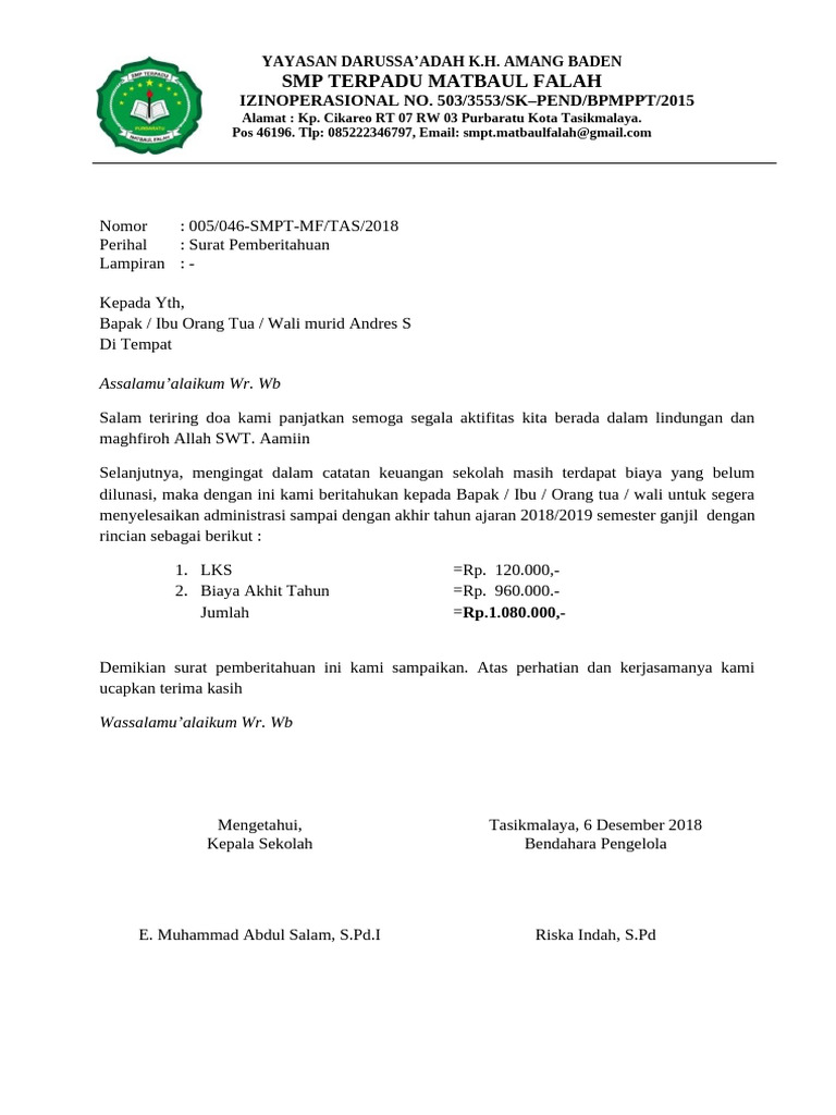 SURAT tunggakan kls 9 | PDF