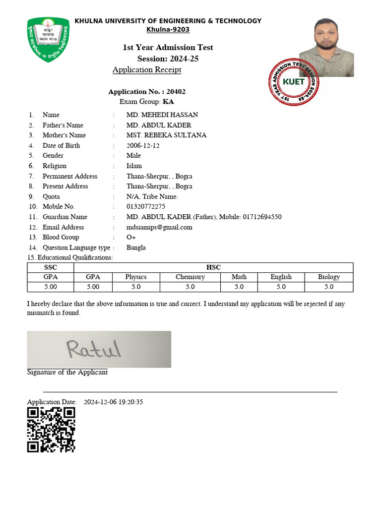 KUET 1st Year Admission Receipt | PDF