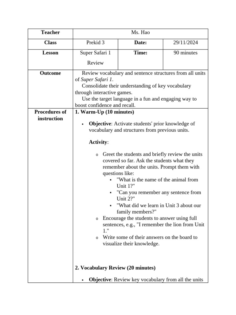 Super Safari 1 Vocabulary Review Lesson | PDF | Vocabulary | Flashcard