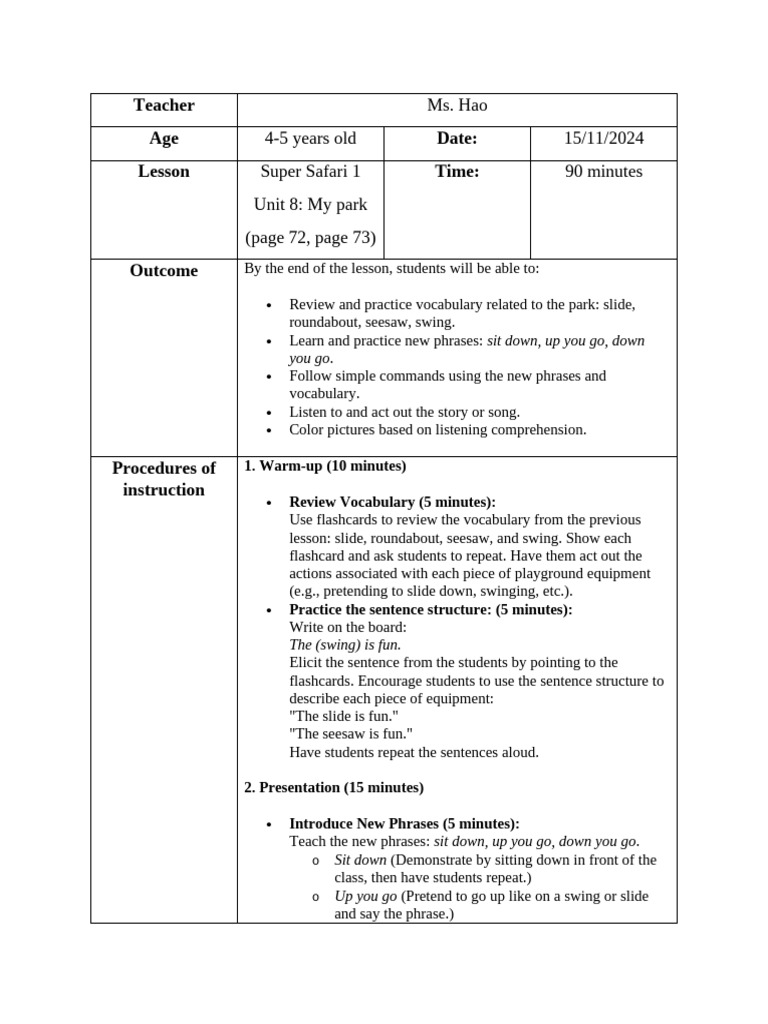 Lesson Plan Safari 1 Page 74, 75 | PDF | Vocabulary | Learning