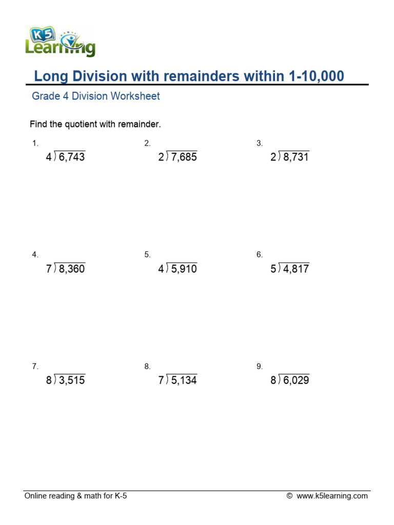 Grade 4 Long Division 4x1 Digit With Remainder A | PDF