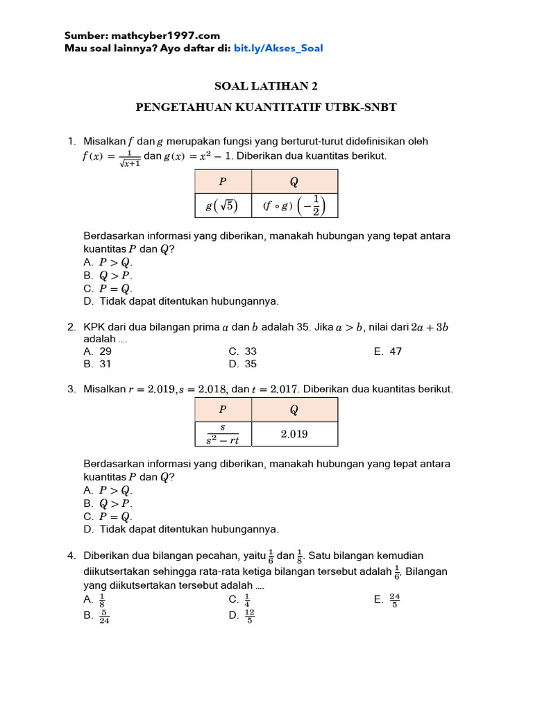 Soal Latihan 2 Pengetahuan Kuantitatif UTBK SNBT Mathcyber1997 Com | PDF