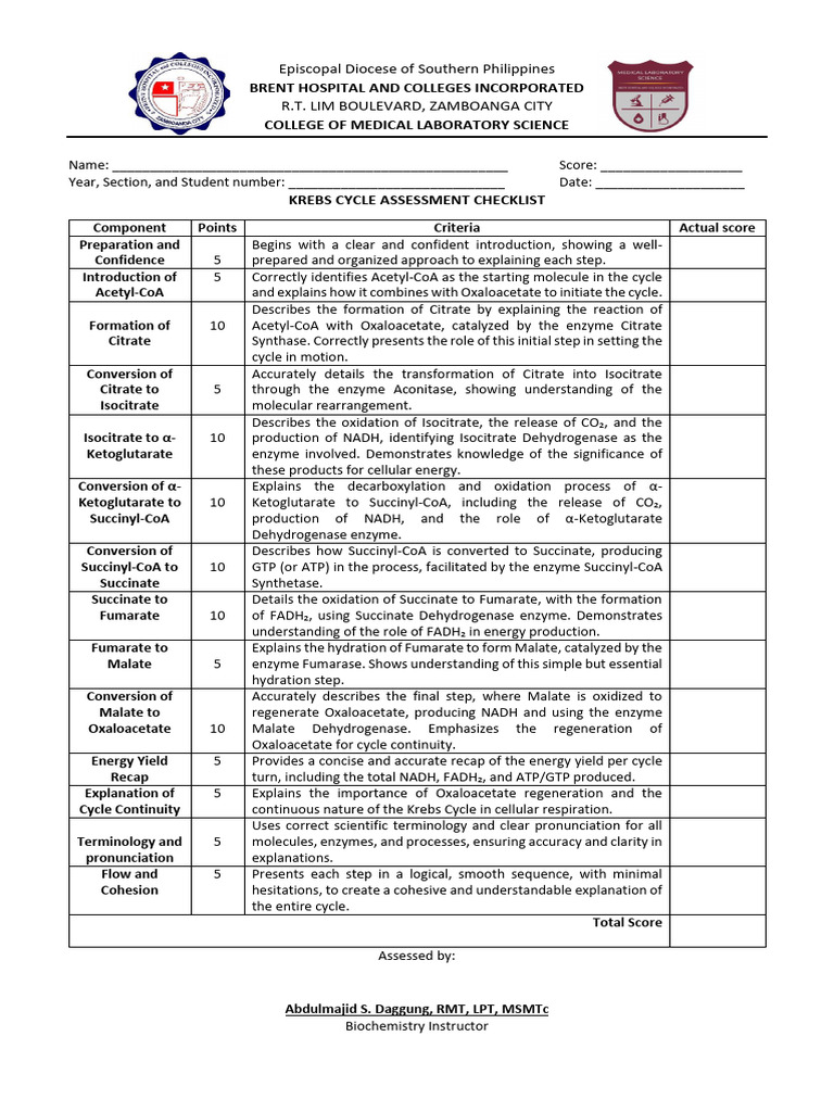 Krebs Cycle Assessment Checklist | PDF | Citric Acid Cycle | Chemistry