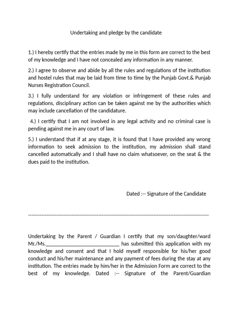 Undertaking and pledge by the candidate | PDF