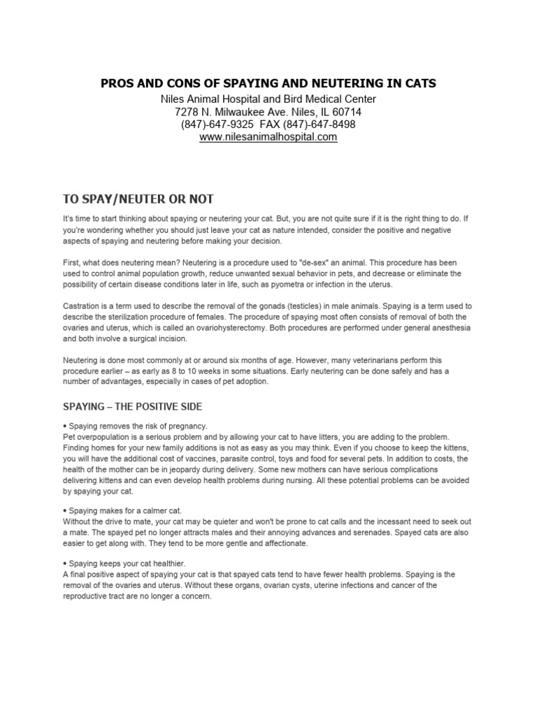 Pros and Cons of Spaying and Neutering in Cats | PDF | Neutering | Animals And Humans