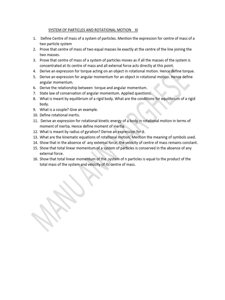 SYSTEM OF PARTICLES - ROTATIONAL MOTION XI Derivations | PDF