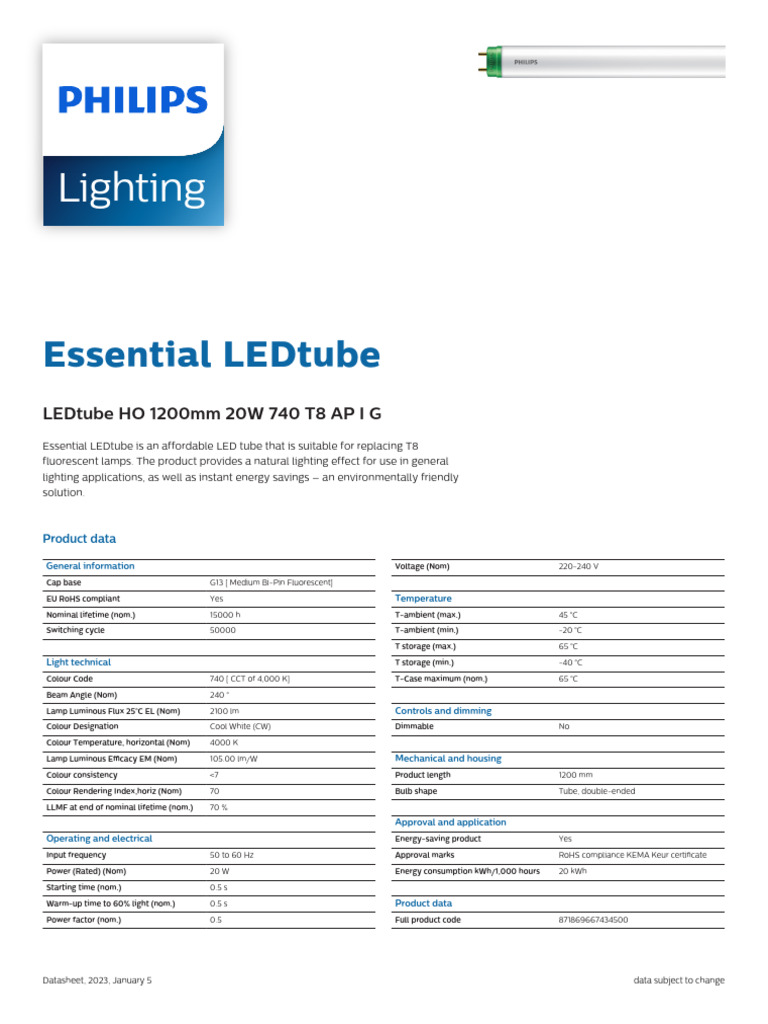 Essential LED tube 20W740 T8 | PDF | Lighting | Fluorescent Lamp
