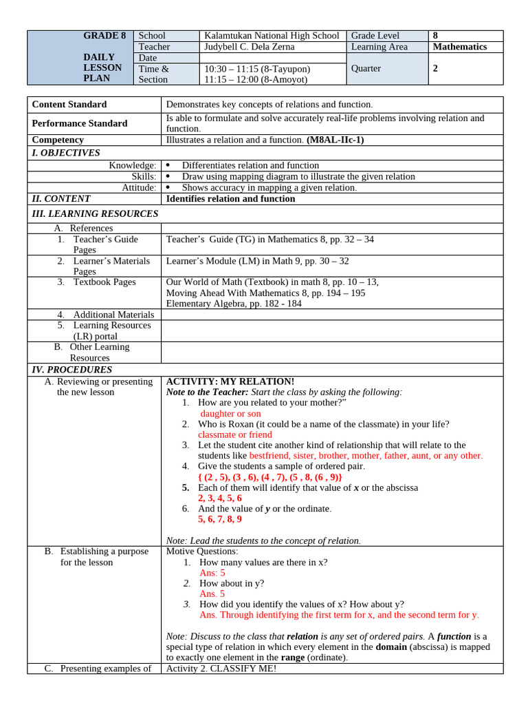 Math 8 Q2 DLP14 - Identifies Relation and Function | PDF | Mathematics ...