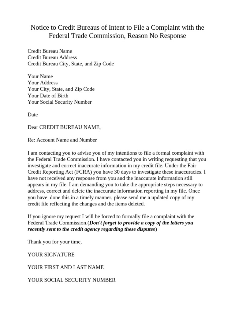 FTC Complaint Notice to Credit Bureau | PDF