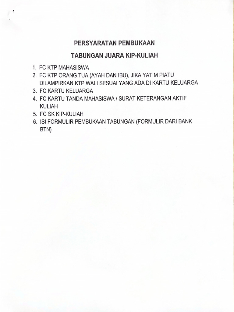 Persyaratan Dan Contoh Pengisian Pembukaan Tabungan KIPK | PDF
