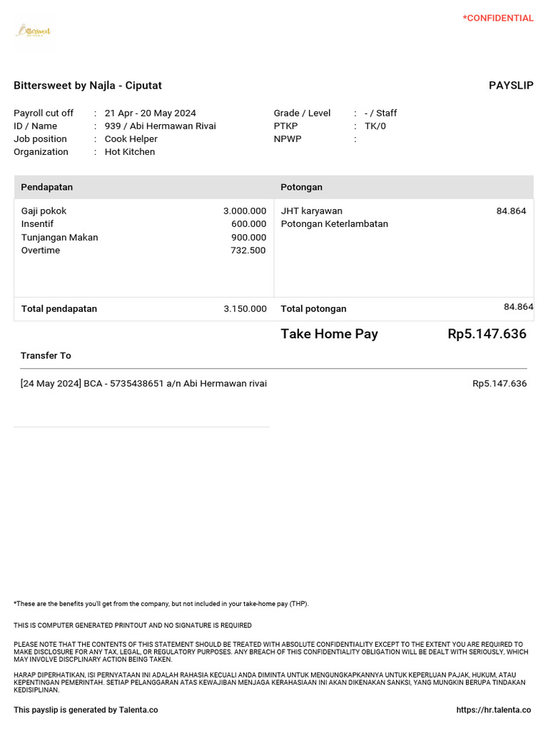 Talenta - Payslip Bittersweet by Najla Ciputat Mei 2024 Abi Hermawan Rivai | PDF