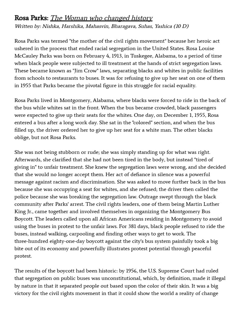 Rosa Parks - The Woman Who Changed History | PDF | Rosa Parks | Society ...