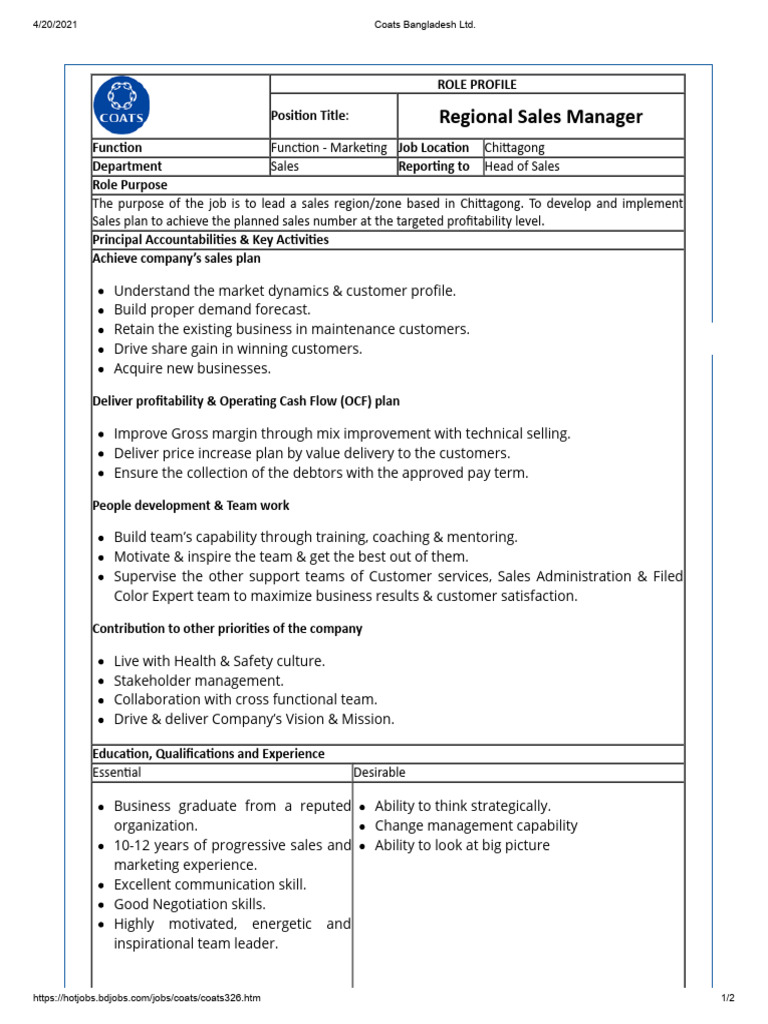 Coats Bangladesh Ltd-Sales Manager Circular | PDF | Sales | Business