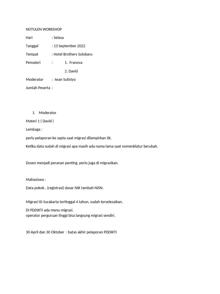 Notulen Workshop Migrasi Data PDDIKTI | PDF