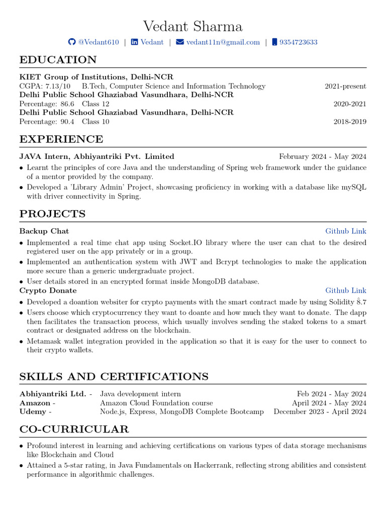 Vedant Resume 7th Semester | PDF | Cryptocurrency | Cloud Computing