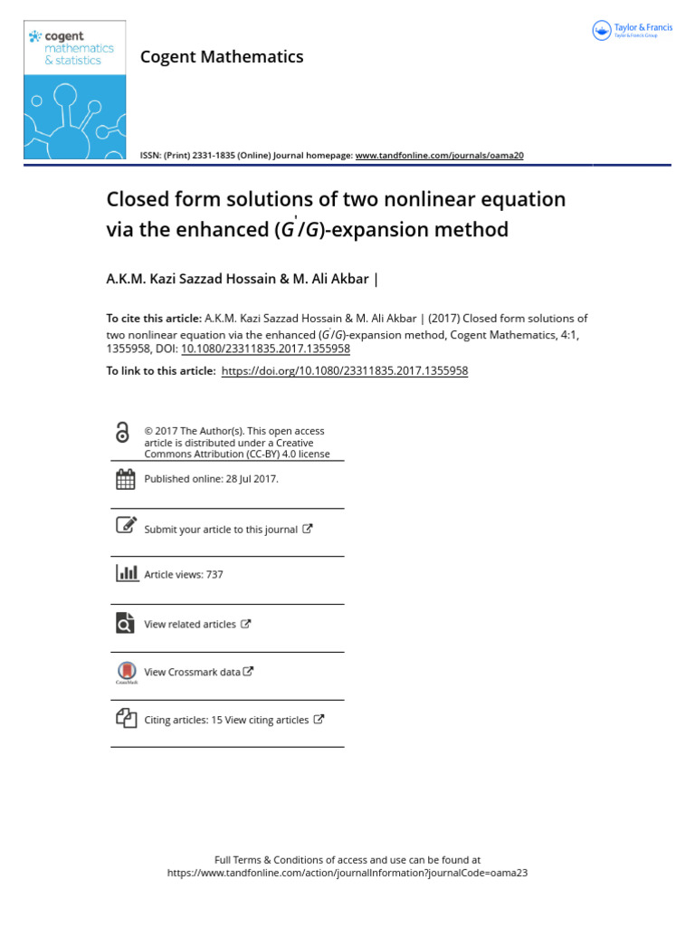 Closed Form Solutions of Two Nonlinear Equation Via The Enhanced G G - Expansion Method | PDF ...