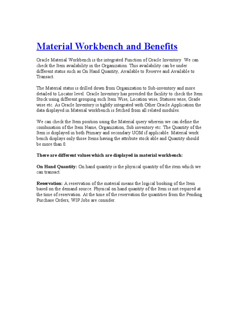 Material Workbench and Benefits | PDF | Inventory | Business