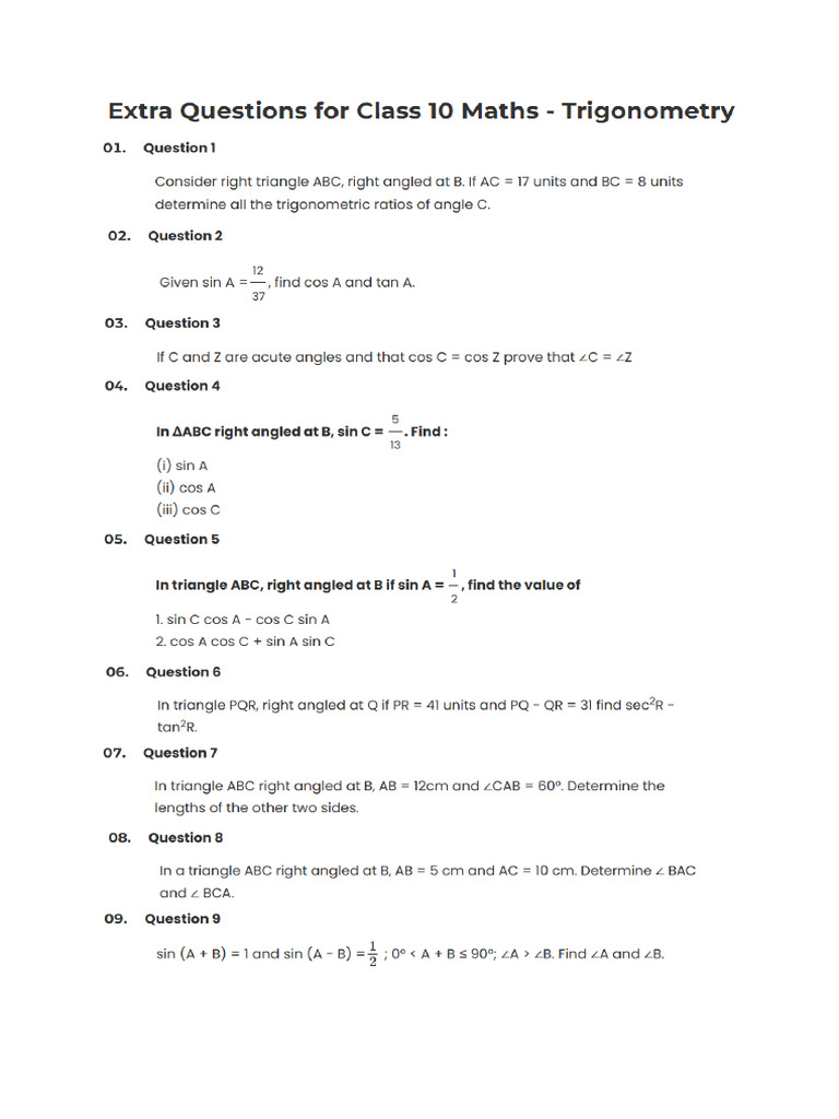 Extra Questions For Class 10 Maths - Trigonometry | PDF