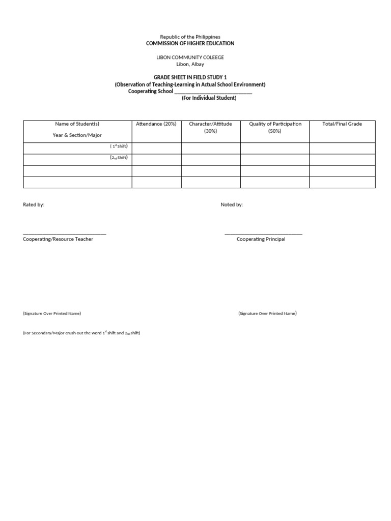 Grade Sheet in FS 1 | PDF