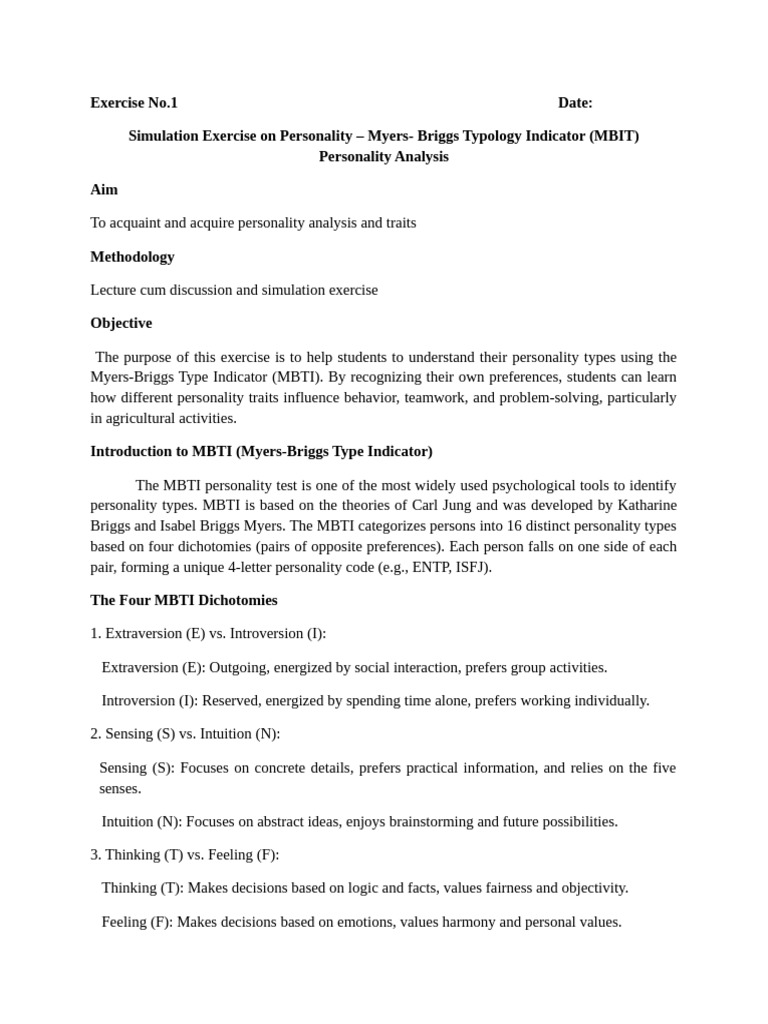 Practical Excercise On MBTI PERSONALITY EXERCISE | PDF | Personality ...