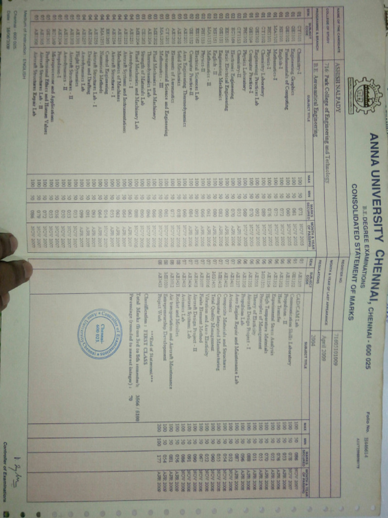 consolidated mark sheet Anna univ | PDF