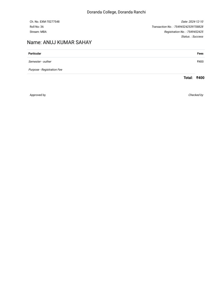 Doranda College - Semester Fee Payment Receipt | PDF