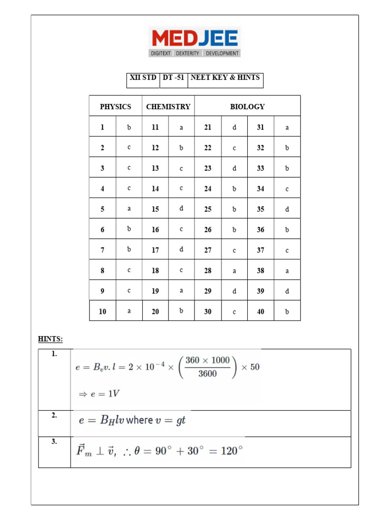 Xii DT-51 Neet Key & Hints | PDF