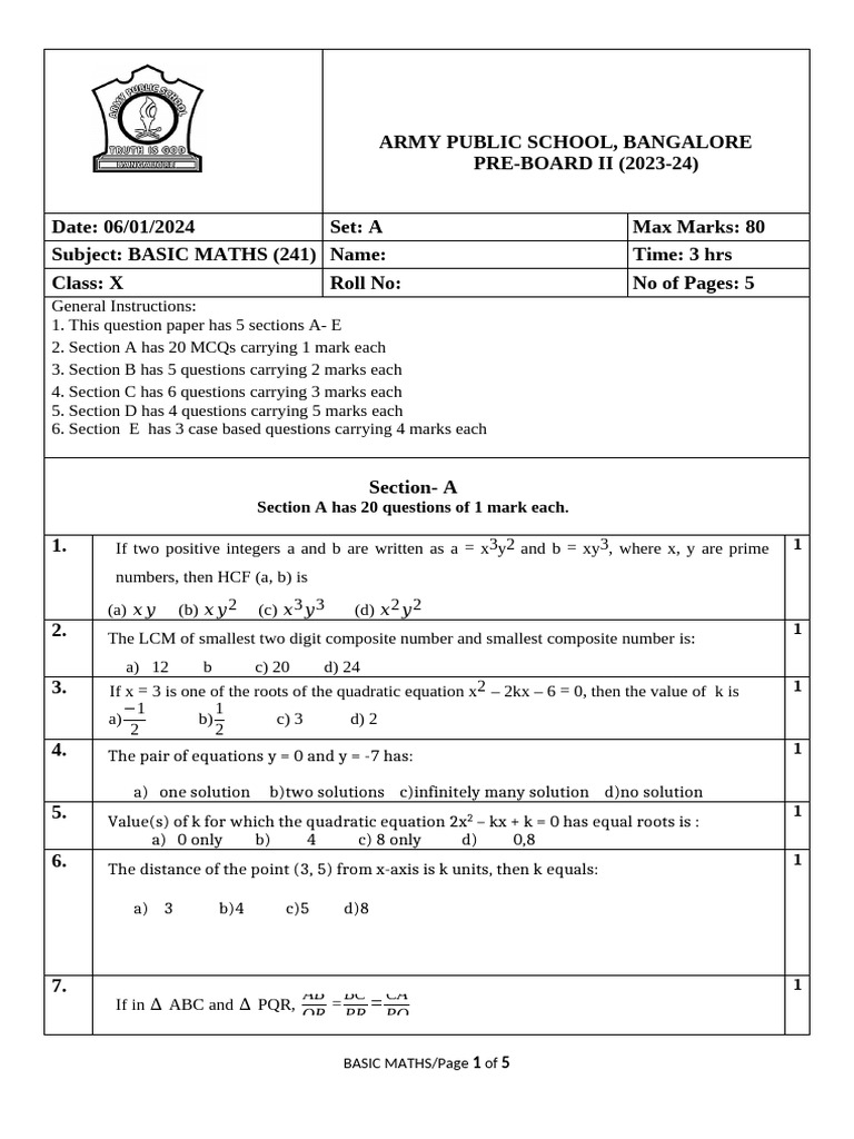 PREBOARD 2023-24 BASIC MATHS | PDF | Area | Numbers