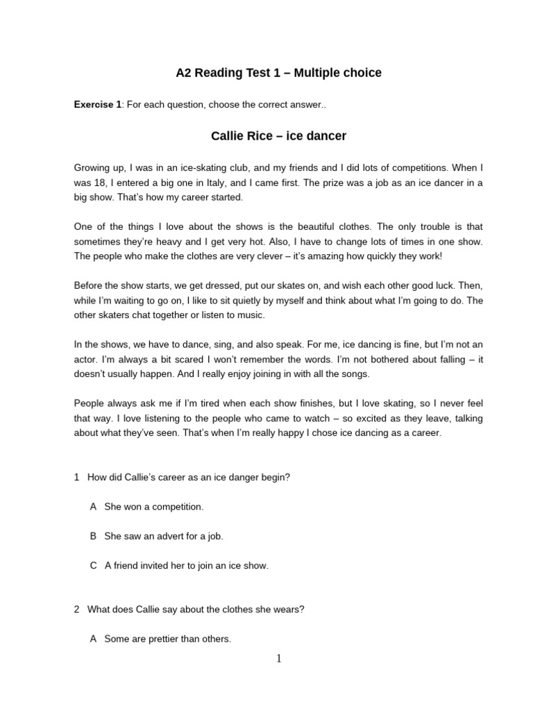 Callie Rice - Ice Dancer - A2 English Reading Test | PDF