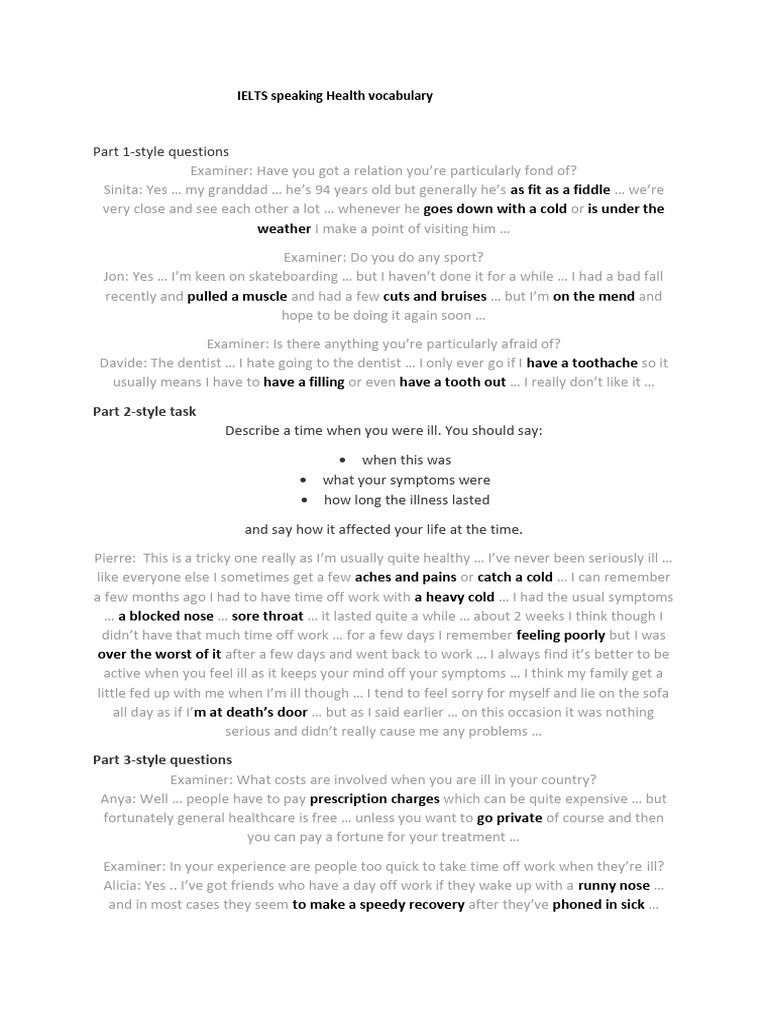 IELTS Speaking Health Vocabulary Guide | PDF | Stuttering | Drug ...