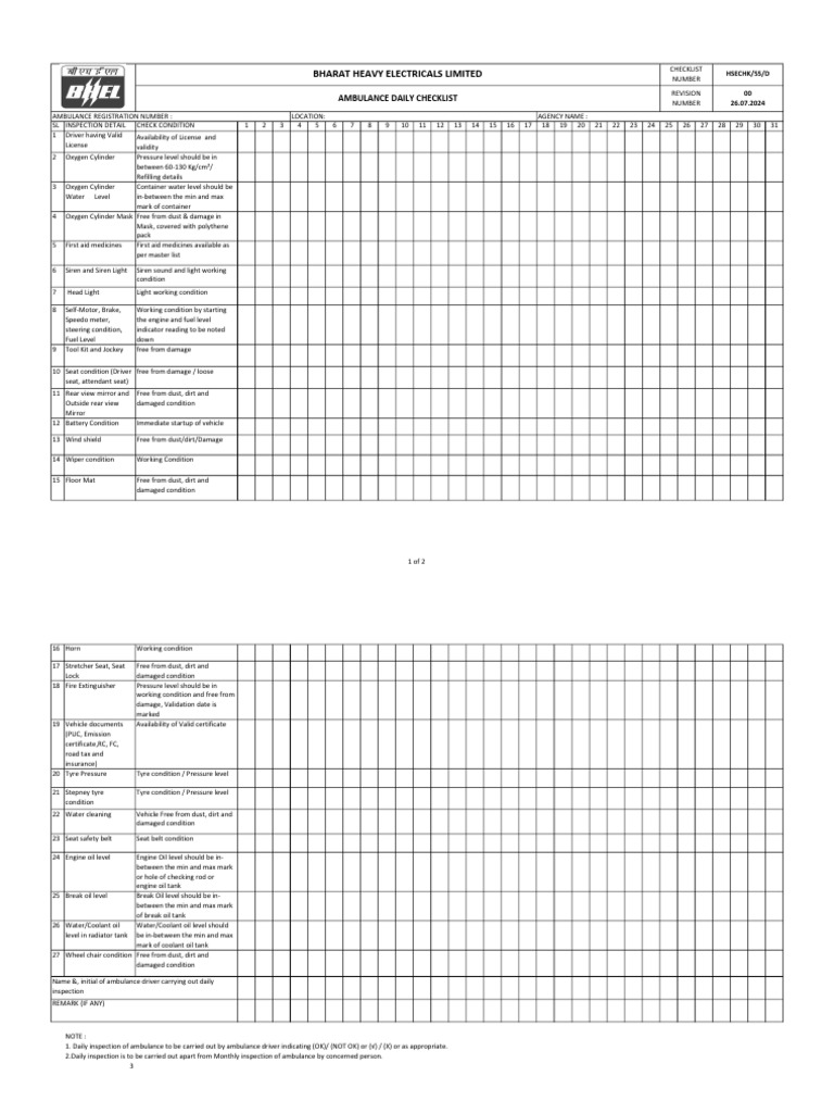 Daily Ambulance Checklist | PDF | Tire | Automotive Technologies