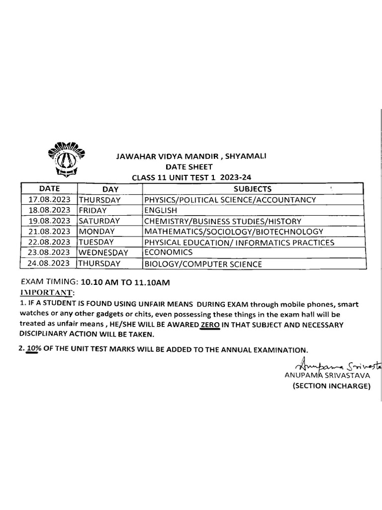 UT1 Date Sheet Class 11 | PDF