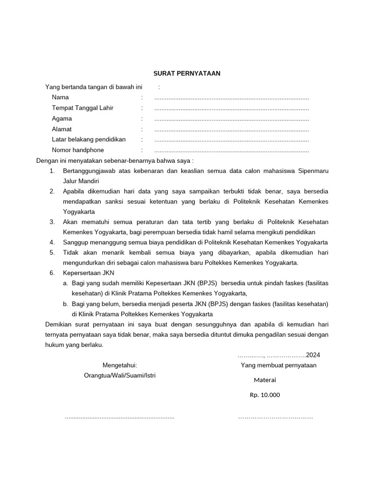 Surat Pernyataan Menaati Peraturan RPL | PDF